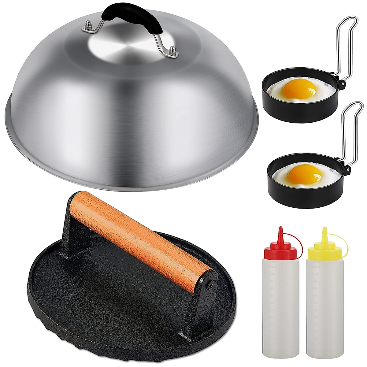 Griddle Accessories Kit for Blackstone, Cast Iron Grill Press, 12-Inch Round Melting Dome(304 Stainless Steel), Squeeze Bottles with Egg Rings, Perfect for Flat Top Grill Indoor Outdoor