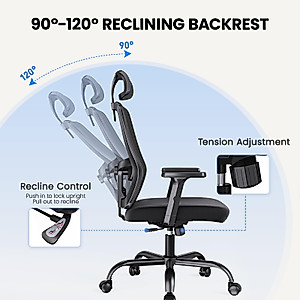 NOBLEWELL Office Chair Ergonomic Office Chair with Large Seat, Lumbar Support Computer Chair, Desk Chair with Adjustable Headrest, Armrest