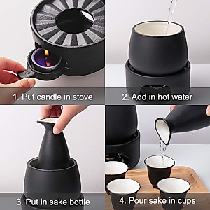Bgbg Ceramic Sake Set with Warmer Pot Bamboo Tray-Traditional Japanese Pottery Hot Saki Set 11-Piece including 1 Sake Pot,6 Sake Cups，1 Warming Mug，1 Candle Stove, 1 Candle Tea Light Holder and 1 Tray