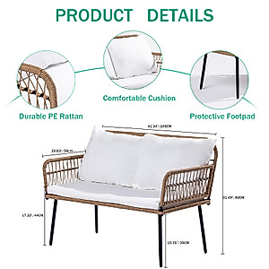 Homsido Outdoor Patio Loveseat, 2-seat Patio Couch All-Weather Wicker Rattan Woven Furniture with Thick Cushion Pillows Boho Small Sofa for Garden Porch, Balcony, Lawn and Terrace