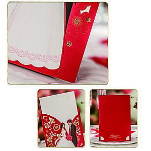 Hosmsua 5x7.3 Inch 50PCS Blank Red Laser Cut Wedding Invitations Cards with Bride & Groom Gold Flower Pocket for Engagement Wedding Invite