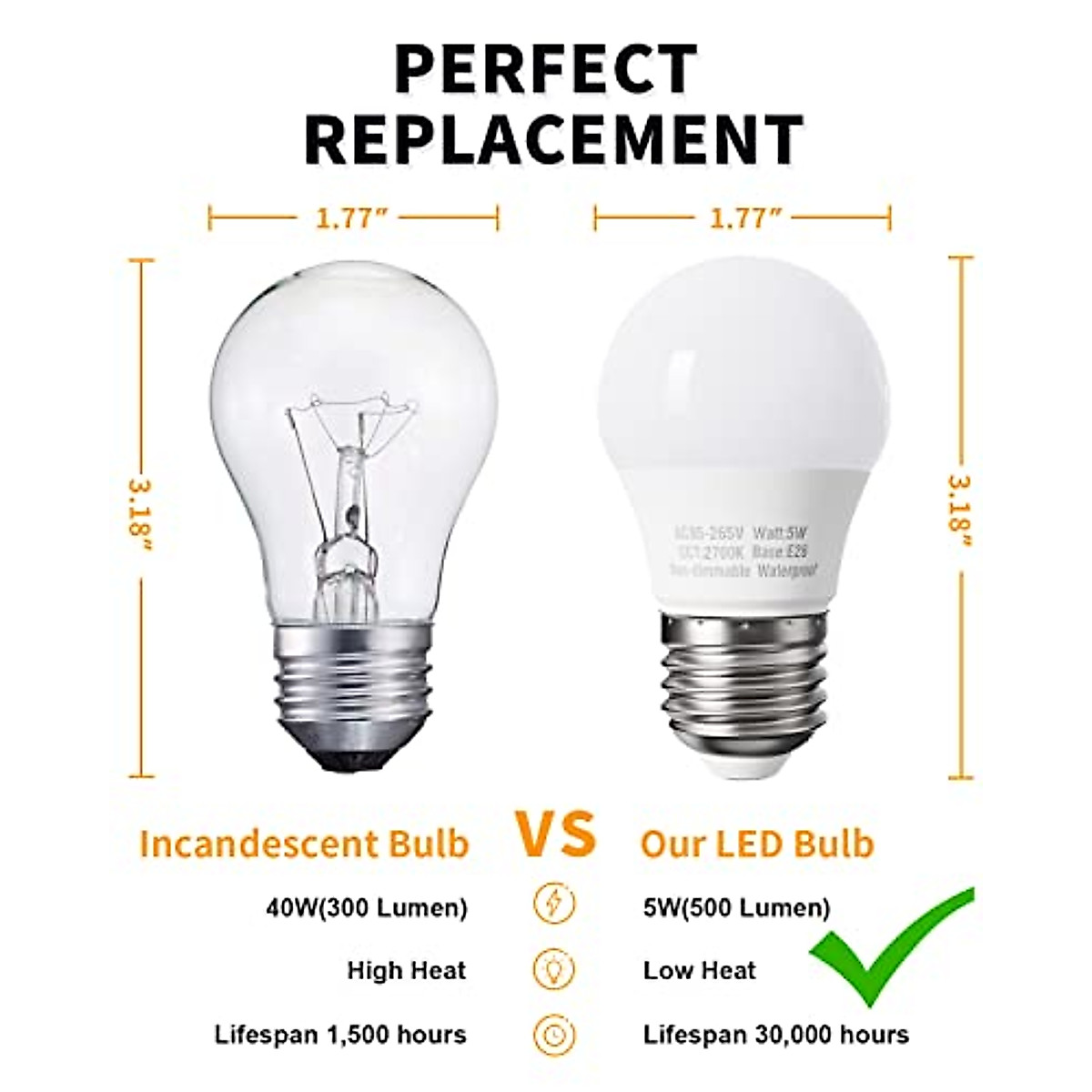 Warm White A15 Appliance Light Bulb, 40W Equivalent, 120V, 2700K, E26 Medium Base, LED Light Bulbs for Refrigerator, Fridge, Freezer, Stove Hood, Range Hood, Waterproof, Shatterproof, Not Dimmable