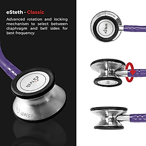 eSteth Classic Stethoscope - Sensitive Chest Piece for Monitoring Amplified Heart & Lung Sounds - Lightweight Design, Flexible Stethoscope Tubing - Extra Ear Tips & Non-Chill Ring - 32" Long, Purple