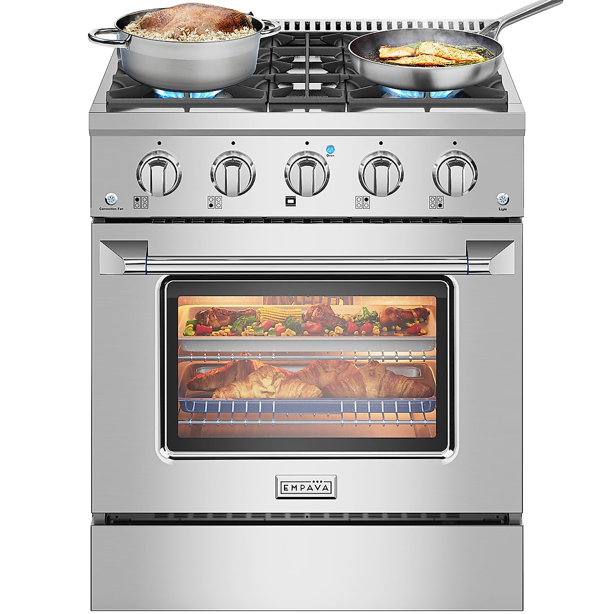 Empava Gas Range, Convection Oven 4.2 Cu. Ft with Touch Timer, 4 Deep Recessed Burners Cooktop, Heavy Duty Continuous Grates in Stainless Steel, Freestanding & Slide-in,30 Inch, 30.05 Inch