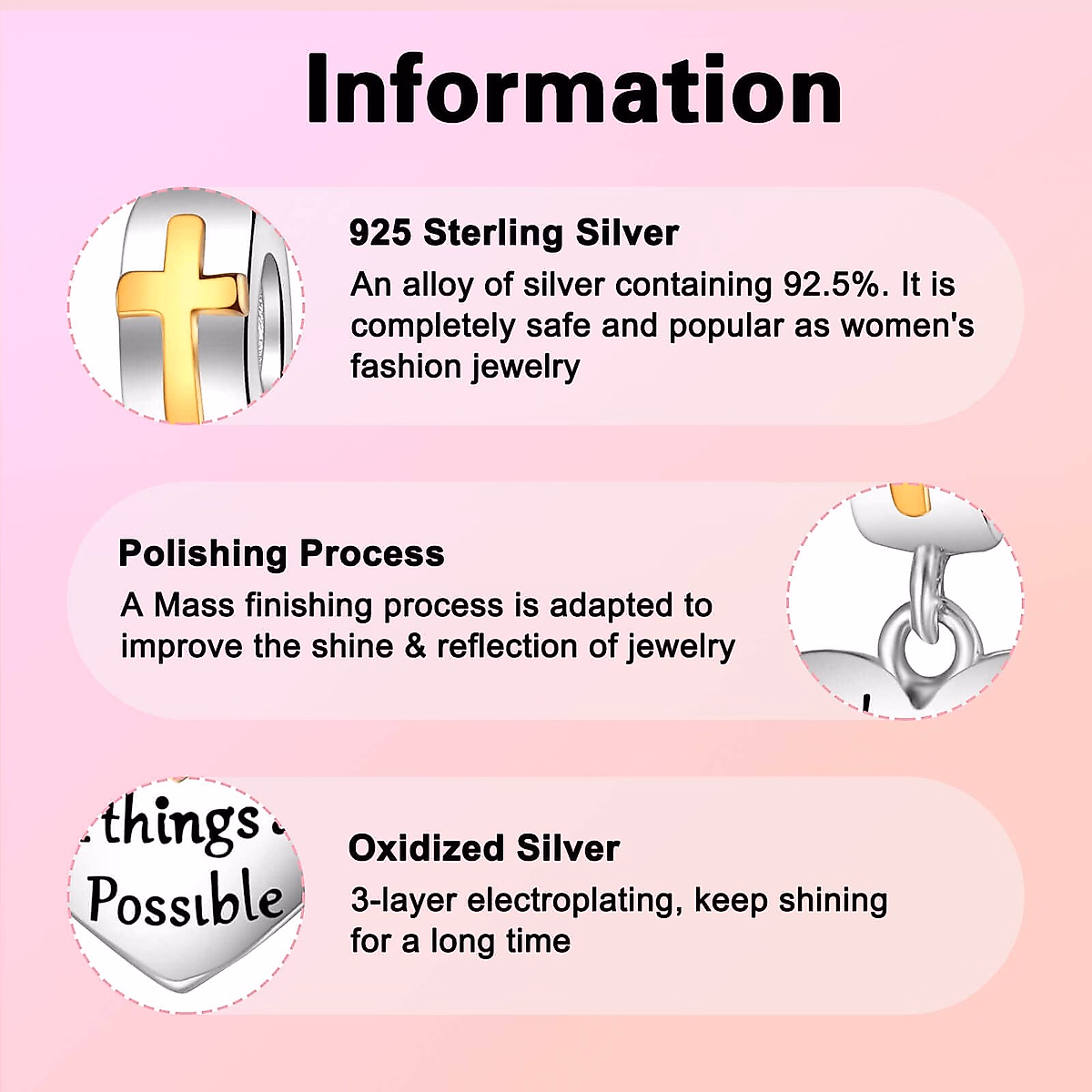 GOINEVA Cross Charm with God All Things are Possible Charm 925 Sterling Silver Charm Fits Women's Charm Bracelet & Necklace Valentine's Day Mother's Day Jewelry Gifts for Women