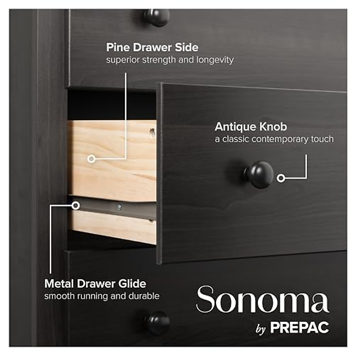 Prepac Sonoma Traditional 5-Drawer Tall Dresser for Bedroom, Functional Bedroom Dresser Chest of Drawers 17.75" D x 31.5" W x 44.75" H, Washed Black