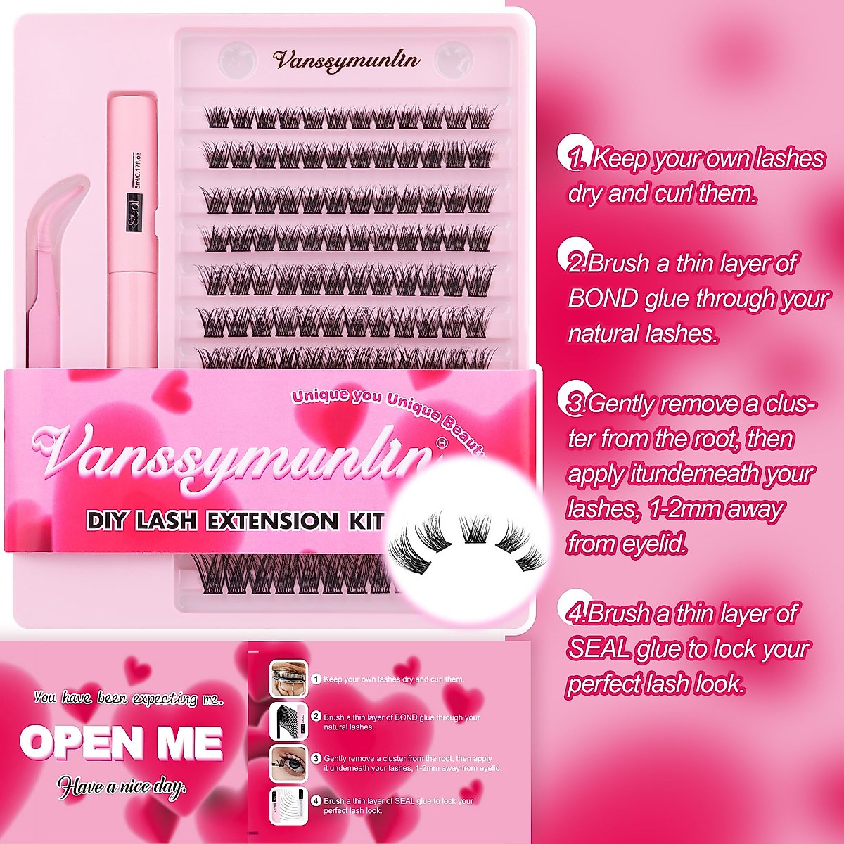 Lash Extension Kit 144Pcs Lash Clusters DIY Eyelash Extension Kit D Curl Fluffy Cluster Lashes Wispy Individual Lashes with Long Lasting Lash Bond and Seal and Lash Tweezers for Lash Extension at Home