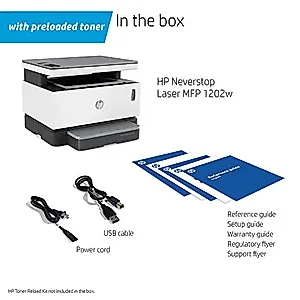 HP Neverstop Laser MFP 1202w Wireless Monochrome All-in-One Printer with cartridge-free toner tank, comes with up to 5,000 pages of toner in the box (5HG92A)