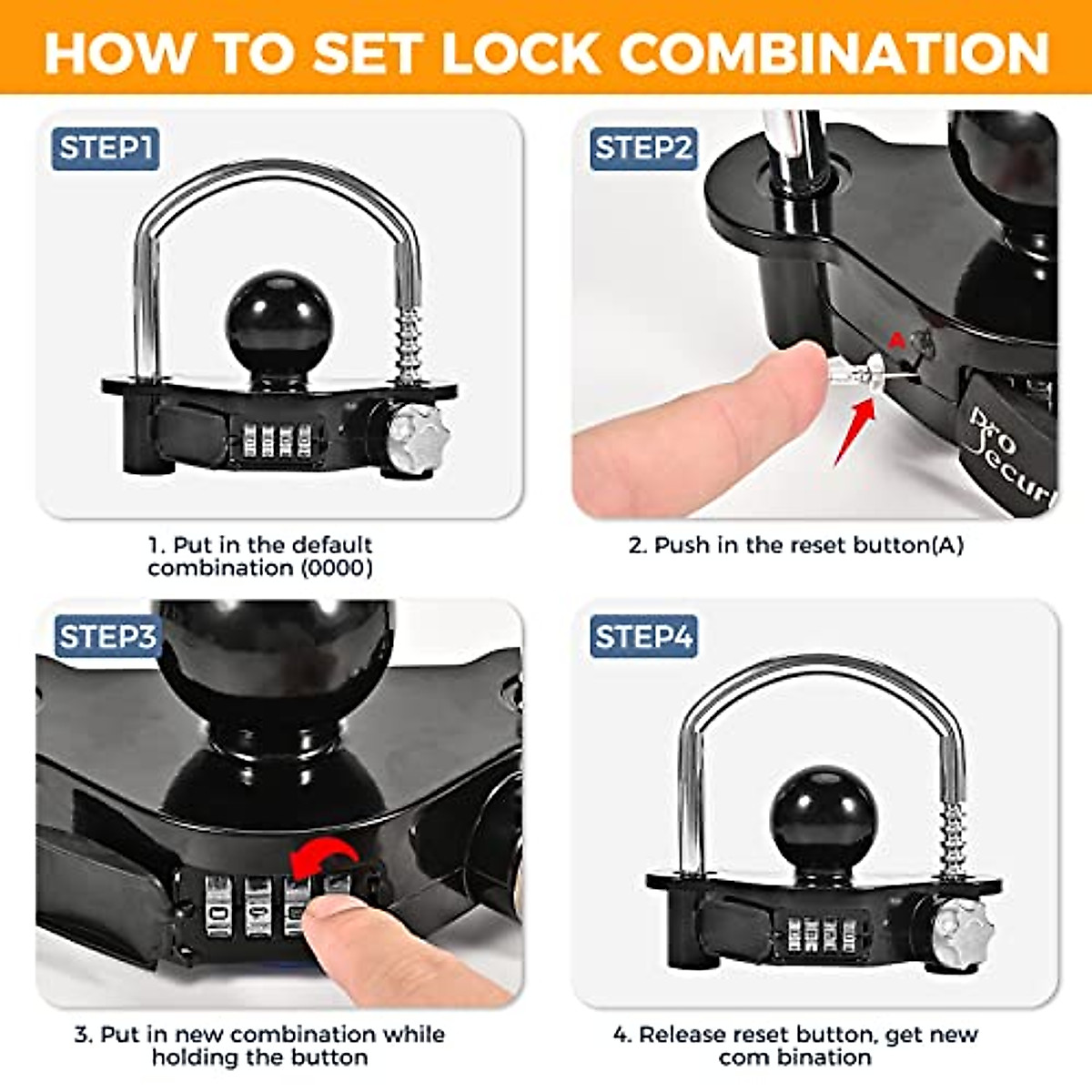 HonesaLoc Trailer Hitch Locks U-Shape Universal Adjustable Storage Security Heavy Duty Patent Design Trailer Coupler Lock with Combination Lock - Black