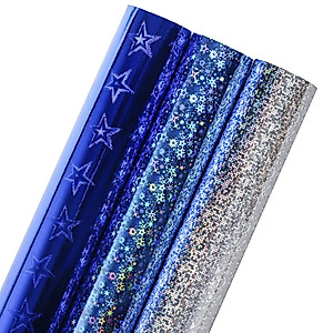 LeZakaa Holographic Foil Wrapping Paper - Mini Roll - Navy/Blue/Silvert for Birthday, Wedding Shower, Holiday - 17 x 120 inches - 3 Rolls (42.5 sq.ft.ttl.)