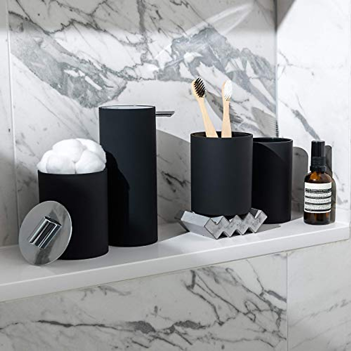 Sleek Matte Black Bathroom Accessory Set 4 Pcs Complete Bathroom Set Modern Bathroom Decor Bathroom Organizer Accesorios para baños Toothbrush Holder Soap Dispenser Set Home Decor Clearance
