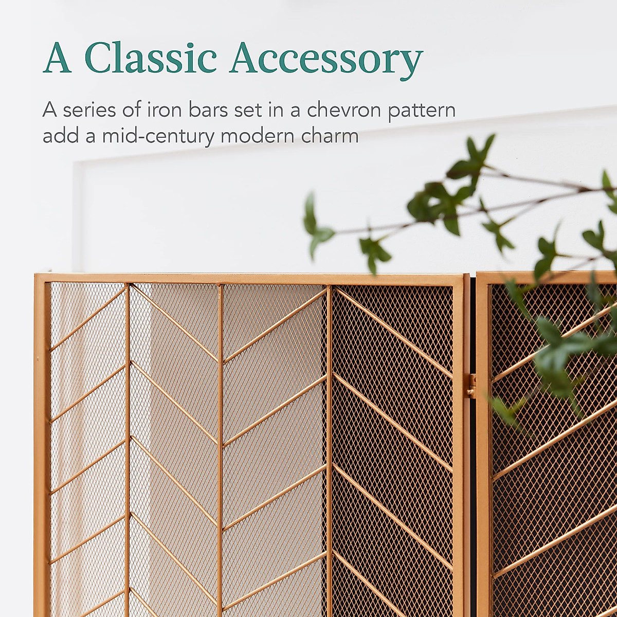 Best Choice Products 52x31in 3 Panel Chevron Fireplace Screen, Mid Century Modern Wrought Iron Hand Crafted Fire Place Guard for Living Room Home Decor, Steel Mesh - Gold