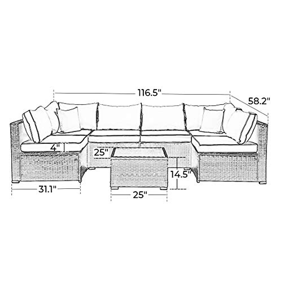 Laurel Canyon Outdoor Patio Furniture 7 Piece Rattan Sectional Sofa, Wicker Conversation Sets with Faux Wood Top Tea Table and Cushions, Gray