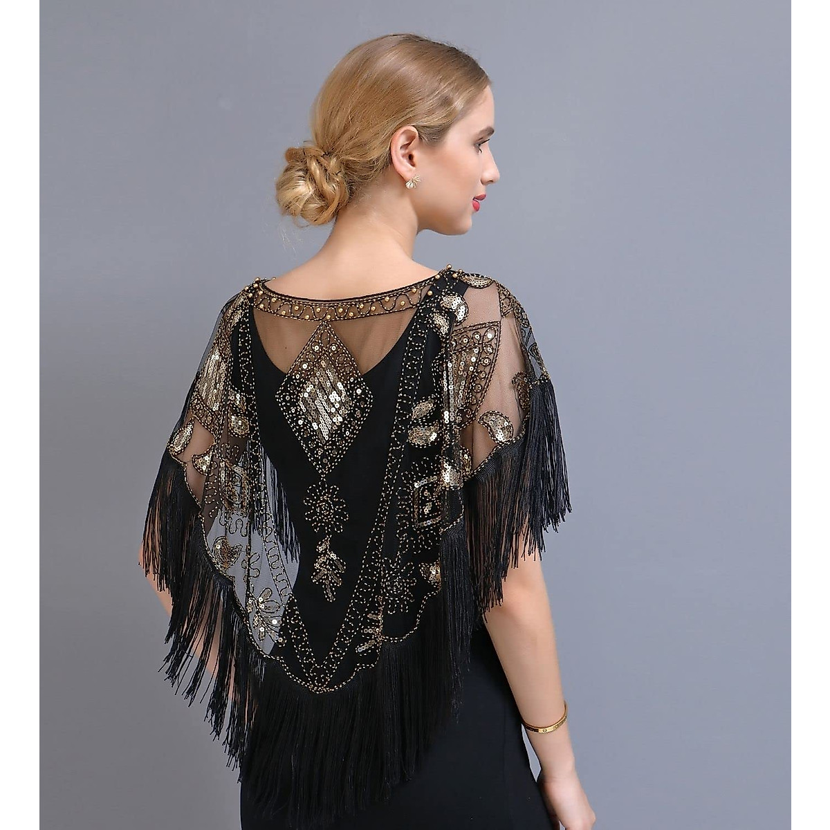 Rlosjin 𝟏𝟗𝟐𝟎𝐬 𝐒𝐡𝐚𝐰𝐥 𝐟𝐨𝐫 𝐖𝐨𝐦𝐞𝐧, Sequin Beaded Bridal Shawl, Dab Dinner Shawl, Prom Shawl, Dinner Scarf, 𝐃𝐫𝐞𝐬𝐬 𝐏𝐚𝐫𝐭𝐲 𝐒𝐡𝐚𝐰𝐥- Black Gold