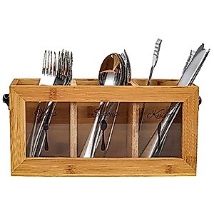 JEKUGOT Bamboo Utensil Cutlery Holder,Kitchen Tableware Storage Box,Silverware Caddy Organizer Bin Holder for Forks, Spoons, Knives,Perfect for Kitchen Countertop