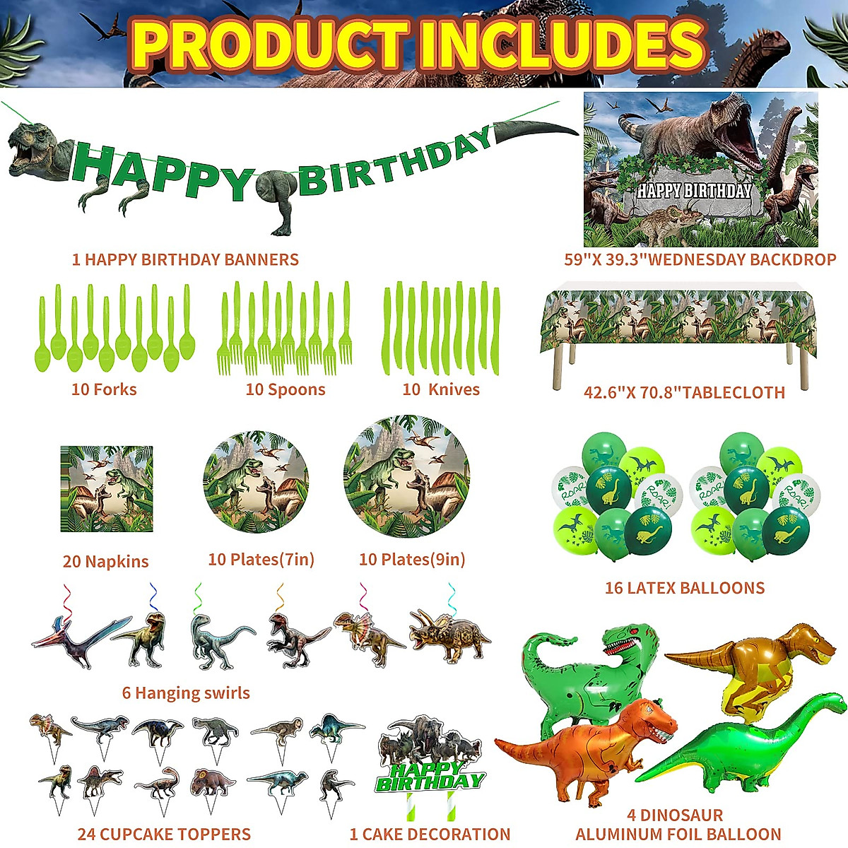 Dinosaur Birthday Party Supplies Decorations Include Backdrop, Tablecloth, Birthday Banners, Cake Decoration, Cupcake Toppers, Latex Balloons, Hanging Swirls, Tableware Set, Aluminum foil Balloon