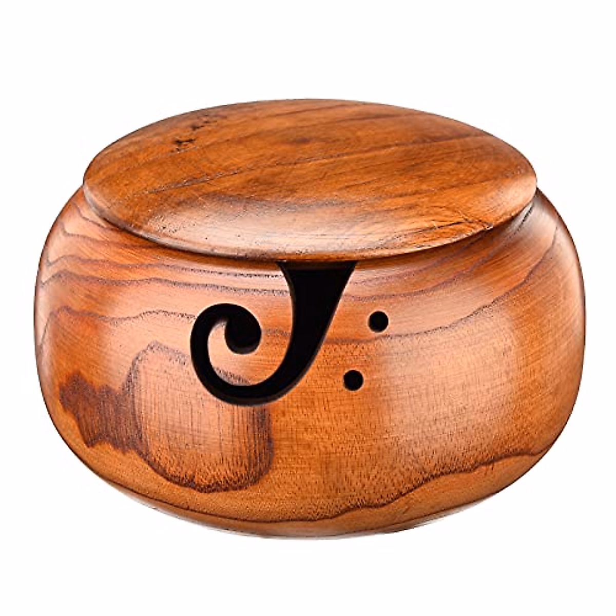 LPAYOK Wooden Yarn Bowl, Knitting Yarn Bowls with Lid, Holes, Crochets, Round Bowl Holder Handmade Yarn Storage Bowl Perfect for DIY Craft Knitting Crocheting 6.3x3.7