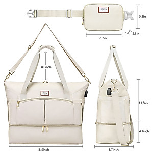 Travel Bags for Women, Sports Gym Duffle Bag with Foldable Shoe Compartment, Large Weekender Overnight Bag with Wet Pocket and USB Charging Port for Women Traveling, Gym Tote, Yoga (Beige)