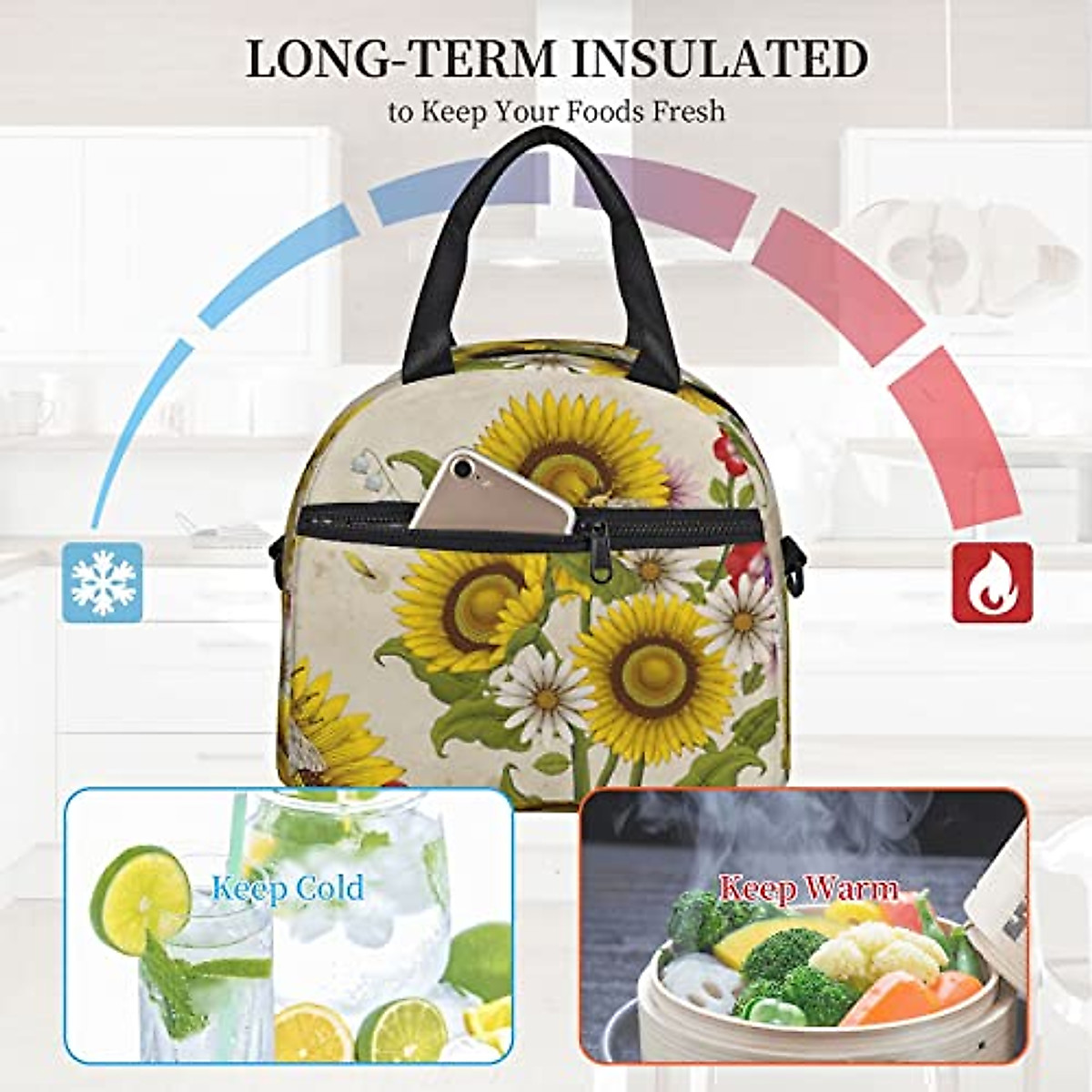 NOLACE Bees Sunflowers Daisy Rose Flowers Lunch Bag For Women & Men Adjustable Shoulder Strap,Leak Proof,Tote Bag For Office Work,Picnic