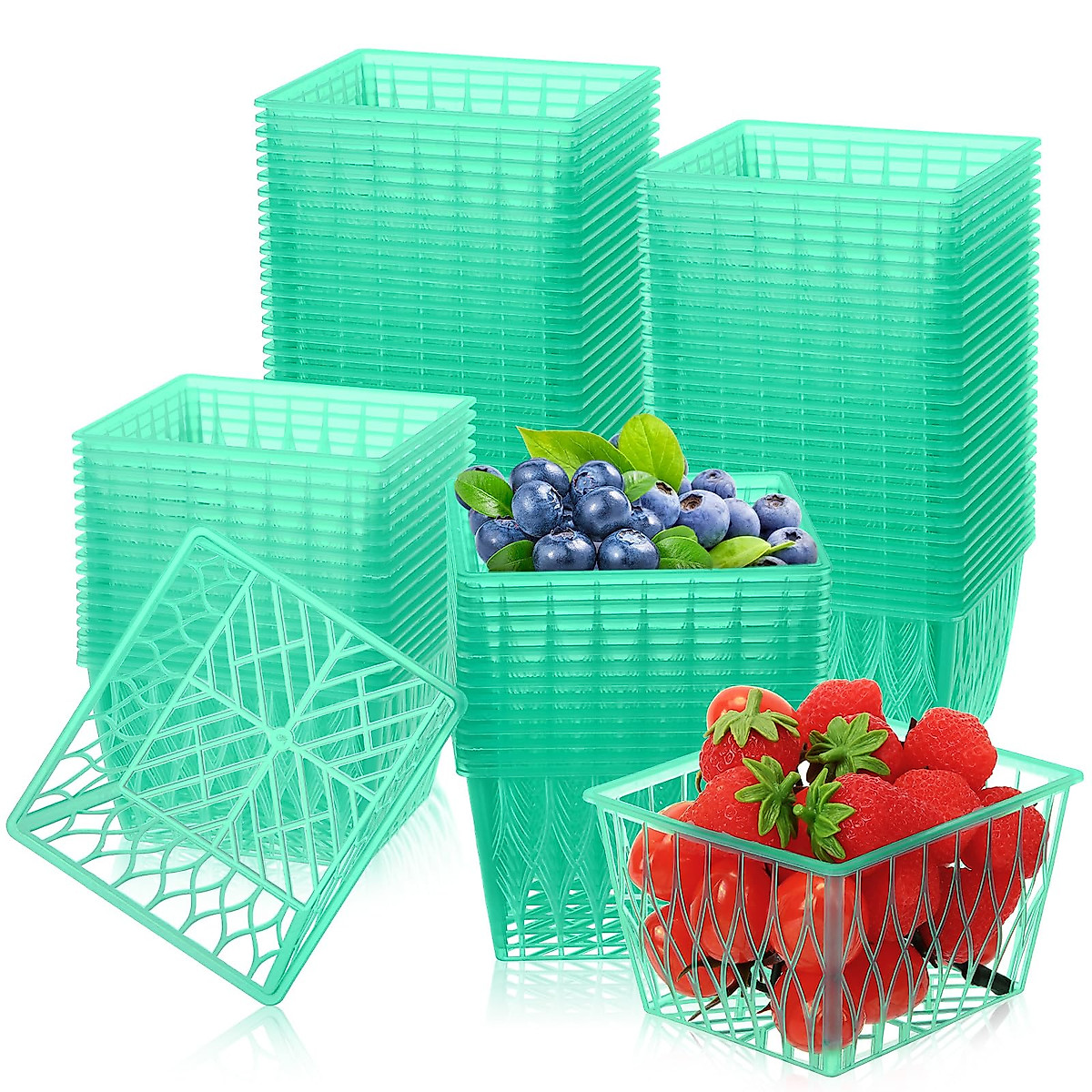 Yiyiring 100 Pcs Pint Size Plastic Berry Baskets Boxes Green Strawberry Basket with Open Weave Pattern Box Container for Farmer Market Party Christmas Grocery Stores
