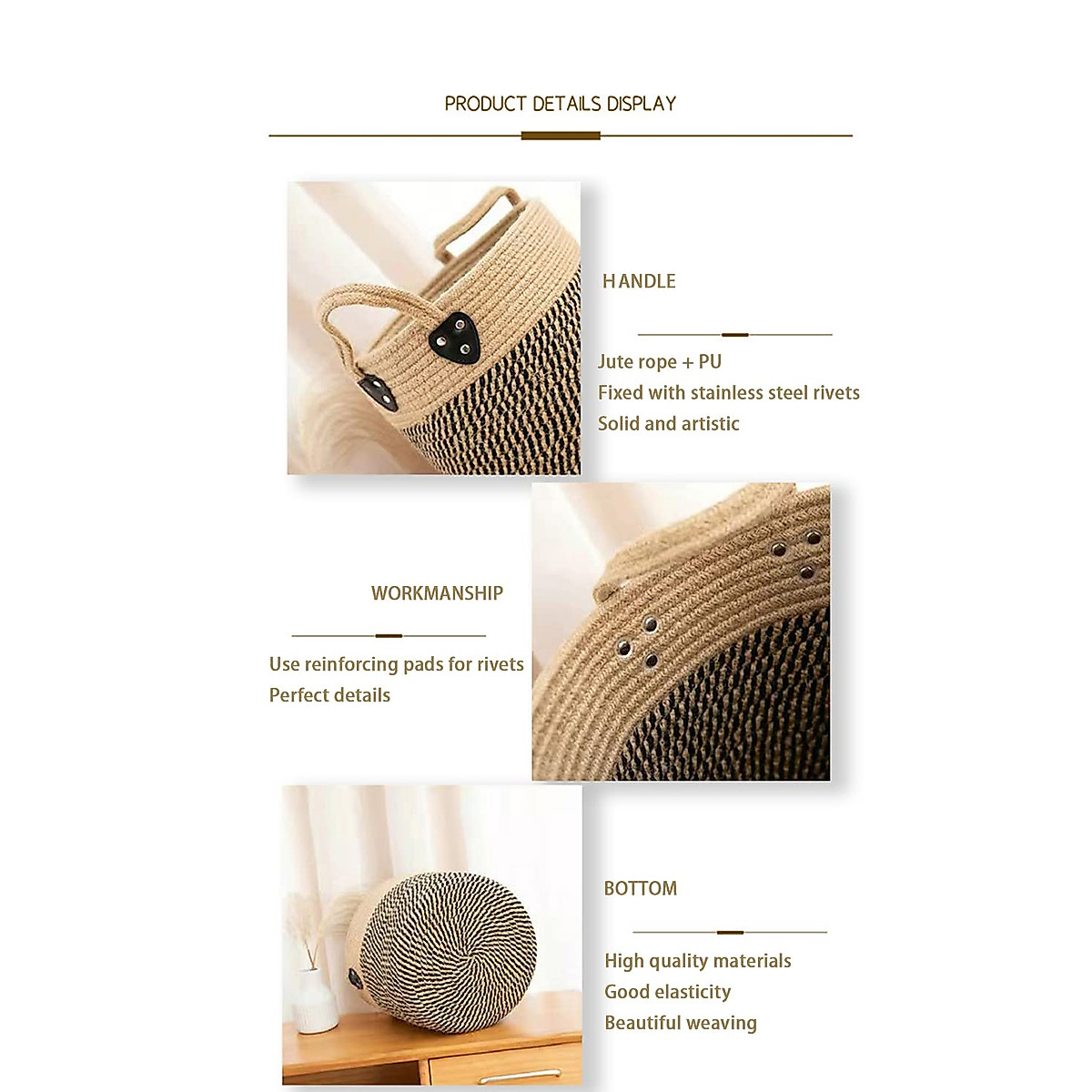 DOUBLE POMELO - Shelf Basket Jute Basket Woven Basket for Comforter Cushions Blanket Basket Toy Basket with Handle Laundry Hamper with Handle Brown and Black (11'' x 11'')