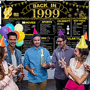 DARUNAXY 25th Birthday Black Gold Party Decoration, Back in 1999 Banner 25 Year Old Birthday Party Poster Supplies Vintage 1999 Backdrop Photography Background for Men & Women 25th Class Reunion Decor