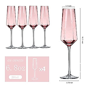 ziixon Crystal Champagne Flutes 8Oz Pink Wedding Champagne Glasses Classy Champagne Flutes Elegant Flutes Set of 4 for Wedding Anniversary Christmas (Pink)