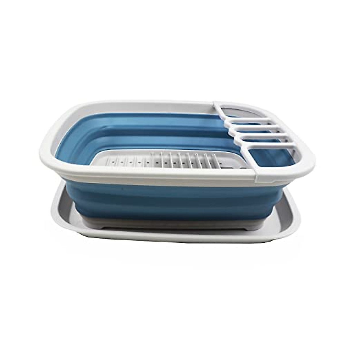 SAMMART 8L (2.11Gallons) Collapsible Dish Drainer with Drainer Board - Foldable Drying Rack Set - Portable Dinnerware Organizer - Space Saving Kitchen Storage Tray (Grey/Steel Blue, 1)
