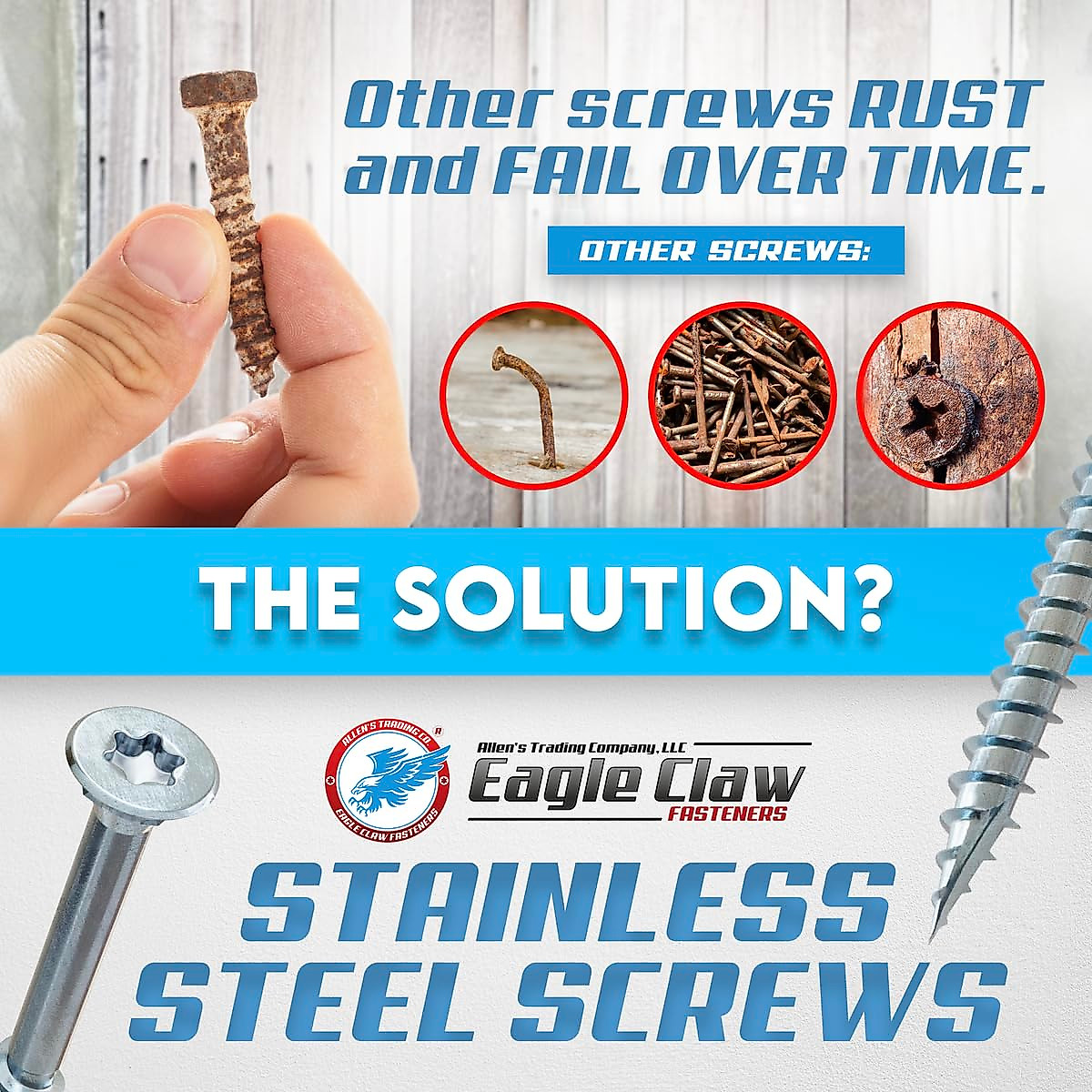 #10 x 3 Inch Stainless Steel Deck Screws 100 Pieces | T25 Star Torx Drive Stainless Steel Wood Screws | Driver Included | Allen's Trading Co. Eagle Claw Fasteners