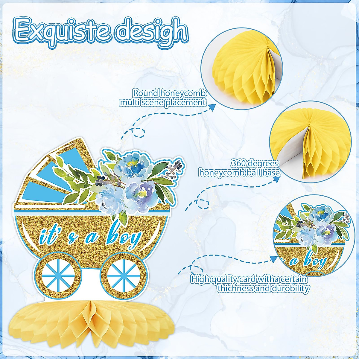 12Pcs Baby Shower Honeycomb Centerpieces Party Decor for Boys,Blue Gold Floral It's a Boys Gender Reveal 3D Table Centerpieces Decoration for Kids Baby Shower Party Photo Props Supplies