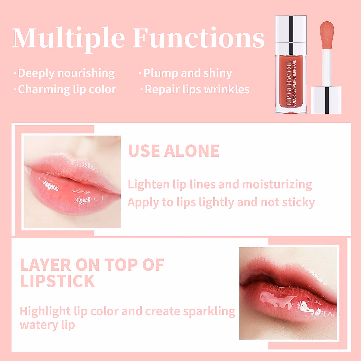 2pcs Hydrating Lip Glow Oil Set Pink Tinted Plumping Lip Care Gloss Balm Big Applicator Clear Transparent Toot Nourishing Non-sticky Moisturizing Glitter Primer for Dry Lip Raspberry& Rosewood