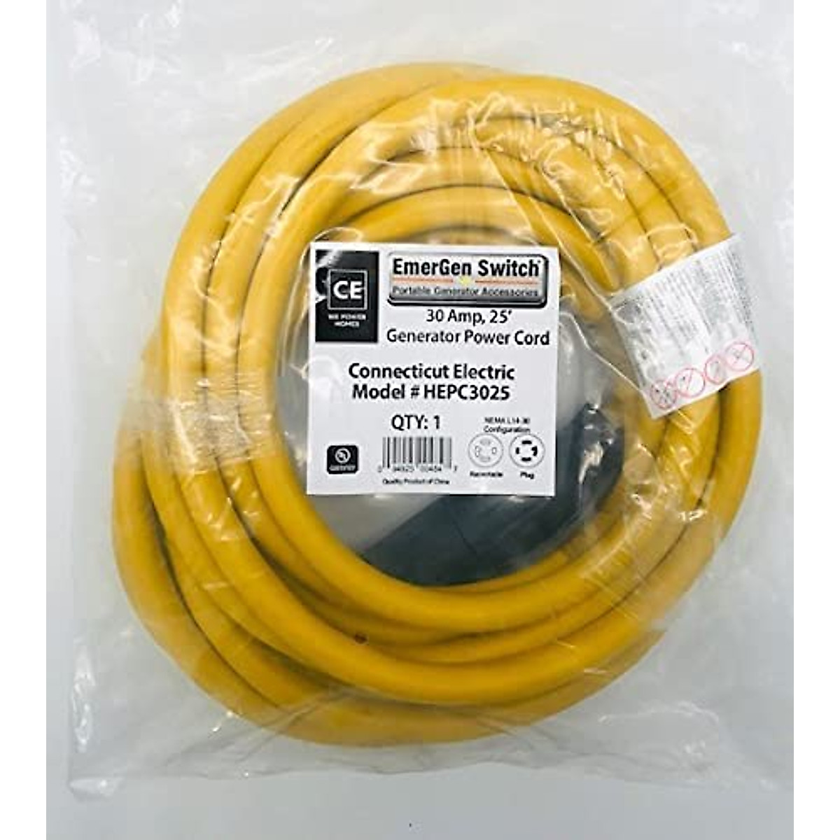 Connecticut Electric 25 Foot Generator Power Extension Cord, 30 Amp, 4 Prong, NEMA L14-30P (Male), NEMA L14-30R (Female)