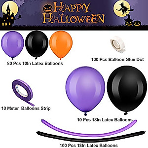 202 Pieces Halloween Balloon Garland Arch kit 13 Inch and 24 Inch Black Orange Purple Latex Balloons, Balloon Tap Strip, Adhesive Dots for Halloween Party Decorations Supplies