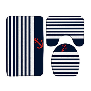 Nautical Anchor Bath Mat Red Anchors Navy Blue White Stripe Tropical Ocean Sea Life Creative Navigation Art Microfiber Memory Foam Absorbent Rug Floor Mats Bathroom Decor,Navy Blue White