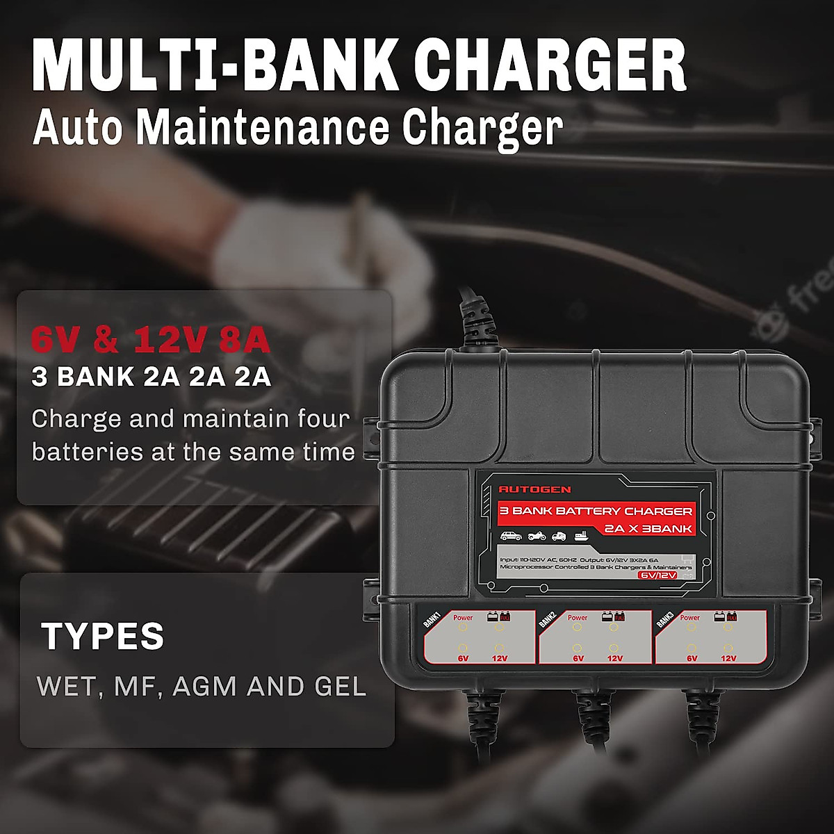 AUTOGEN 3-Bank Marine Battery Charger, 6-Amp (2-Amp Per Bank) Smart Battery Trickle Charger Maintainer, 6V & 12V Onboard Battery Charger and Battery Maintainer