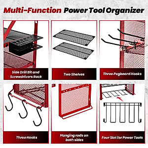 Saker Power Tool Organizer Wall Mount, Power Tool Organizer with Charging Station, 3-Layer, 8 Outlets, 4 Drill Holders, 3 Hooks, Drill Bit Rack, Screwdriver Rack for Garage, Workshop, Home