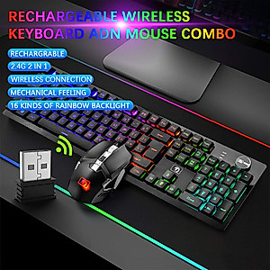 FELICON Wireless Gaming Keyboard and Mouse Set, RGB Backlit Rechargeable 4800mAh Battery, Mechanical Feel Anti-ghosting Keyboard, Control Knob for Multi-Media, Mute Gaming Mouse for Windows PC Gamer