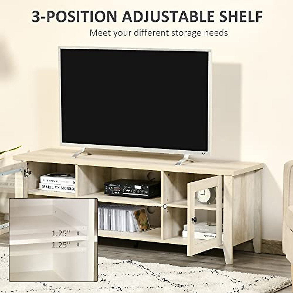 HOMCOM Modern TV Stand, Entertainment Center with Shelves and Cabinets for Flatscreen TVs up to 60" for Bedroom, Living Room, Oak