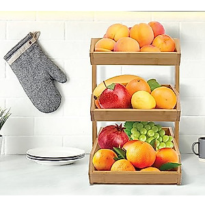 GET SORTED Bamboo Fruit Basket 3 Tier — 33+ Lbs Capacity, 12mm Thickness, Raised Bottom & 2 Hooks — Ideal for Bread, Toiletries, Snacks, Seasonings - Fruit Bowl for Kitchen Counter, Dining Table, etc