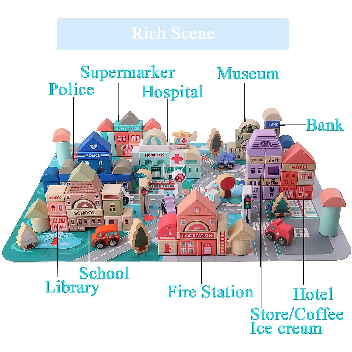 CICITOYWO Wooden Building Blocks Set Wood Kids Construction Stacker Stacking Preschool Learning Educational Preschool Toys Kit for Toddler 3+ Year Old Boy and Girl Gifts