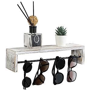 MyGift Shabby White Washed Solid Wood Sunglasses Display Shelf with Black Metal Hanging Bar, Wall Mounted Decorative Shelving and Eyewear Glasses Organizer Rail