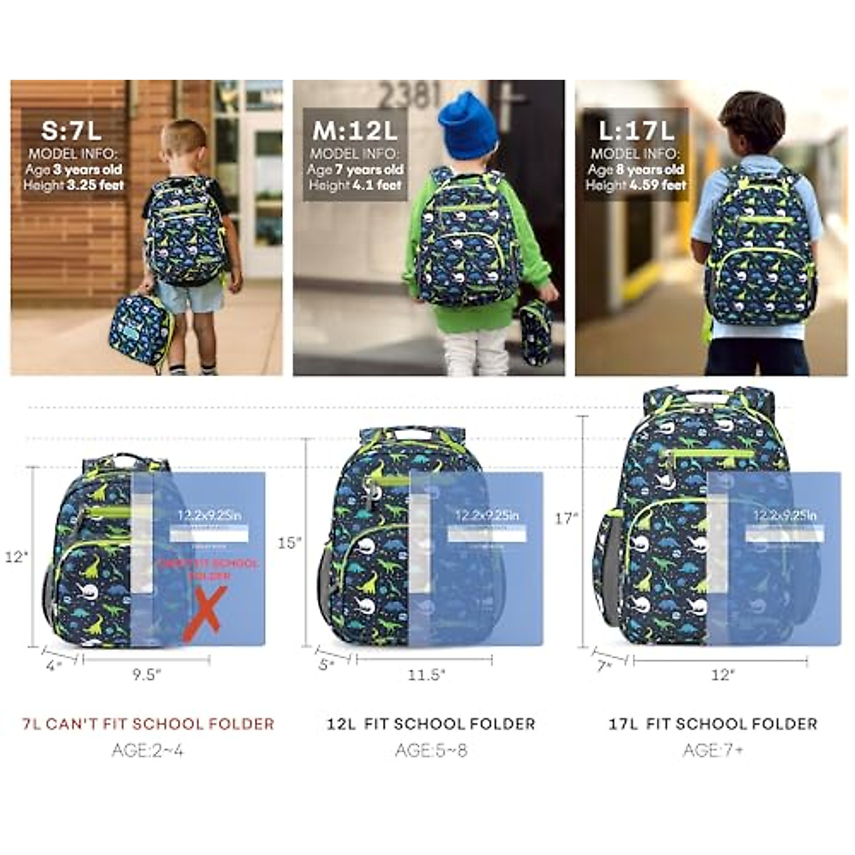 mibasies Boys Backpack for Elementary School, Backpack for Boys 5-8, Lightweight Kids Backpacks for Boys（Galaxy Dinosaur）