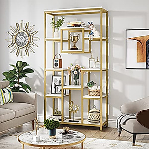 Tribesigns 71" W Gold Bookshelves, 11-Tier Large Tall Open Display Bookshelf, Geometric Cubed Etagere Bookcase Shelf, Modern Book Shelf for Living Room, Bedroom, Home Office, Gold & White