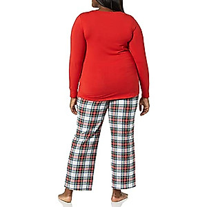 Amazon Essentials Women's Lightweight Flannel Pant and Long-Sleeve T-Shirt Sleep Set (Available in Plus Size), Red Tartan, Large