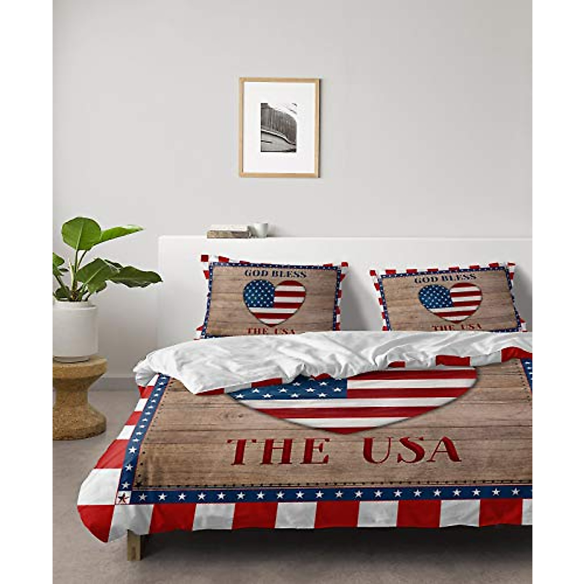 Chucoco Independence Day Twin Duvet Covers Set American Flag Love Wood Plank 4 Pcs Bedding Sets Brushed Microfiber Quilt Covers Lightweight Cozy Flat Sheet with 2 Pillowcases Red White Plaid