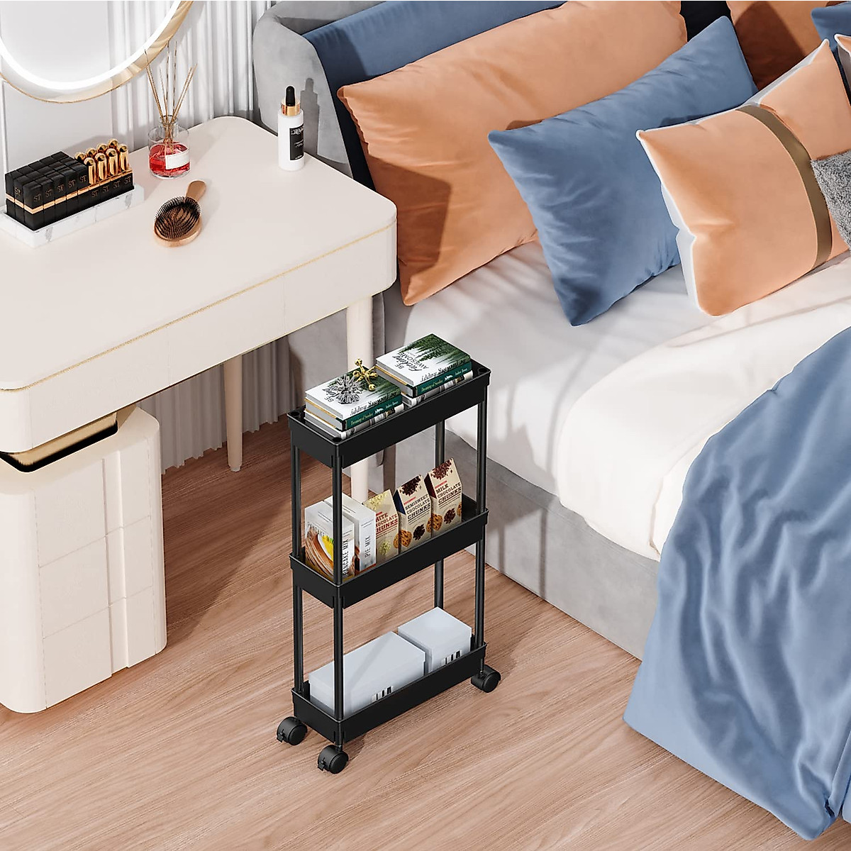 Sooyee 3 Tier Rolling Cart with Wheels,Slim Storage Cart,Narrow Storage Cabinet,Under Desk Storage,Rolling Utility Cart Storage Organizer for Office Bathroom Kitchen Laundry Room Narrow Places, Black