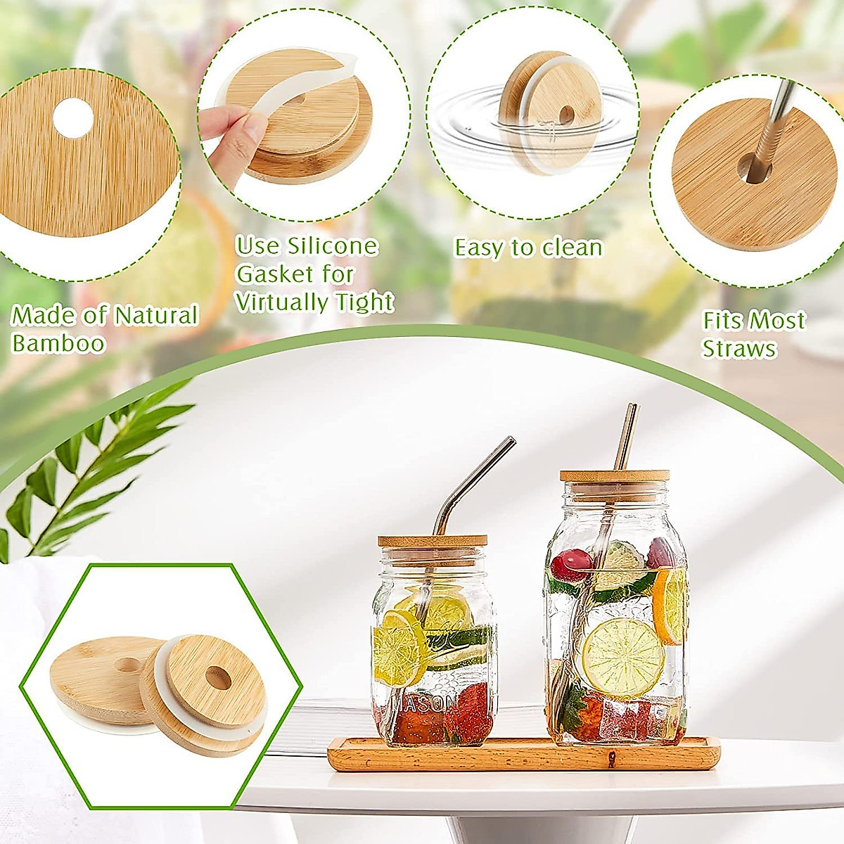 8 Pack 86mm Wide Mouth Bamboo Mason Jar Lids with Straw Hole, Eco-Friendly and Reusable Wooden Drinking Lids(8 PCS)
