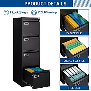Fesbos 4 Drawers Vertical File Cabinets - Lateral Filing Cabinets - Metal Steel Lockable Storage Cabinets for Home Office to Hanging Files Letter/Legal/F4/A4 Size