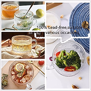 LUECMO Vintage Coffee Tea Cups [2 Pack], 14 oz Glass Tea Coffee Mugs, Clear Embossed Glass Cups for Cappuccino, Latte,Cereal, Yogurt, Beverage (Transparent)