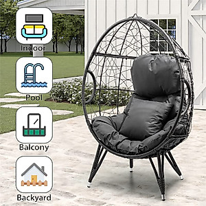 Crestlive Products Patio Wicker Egg Chair with Cushion and Pillow, PE Rattan Hanging Basket Lounge Chair with Legs, Teardrop Cuddle for Indoor Outdoor Bedroom Garden Deck Balcony (Dark Gray)